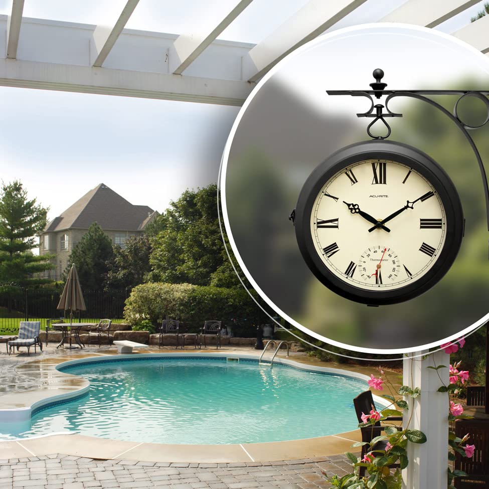 AcuRite 9-Inch Indoor/Outdoor Double-Sided Hanging Clock with 360-Degree Spin Functionality, Iron Metal Frame, Glass Lens, Quartz Crystal Movement, Weatherproof and Premium Thermometer (75140M),Black