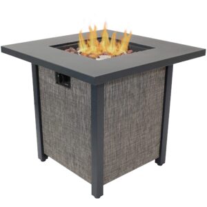 sunnydaze kleifar 25.25-inch h square metal propane fire pit with rafa fabric sides - includes lava rocks