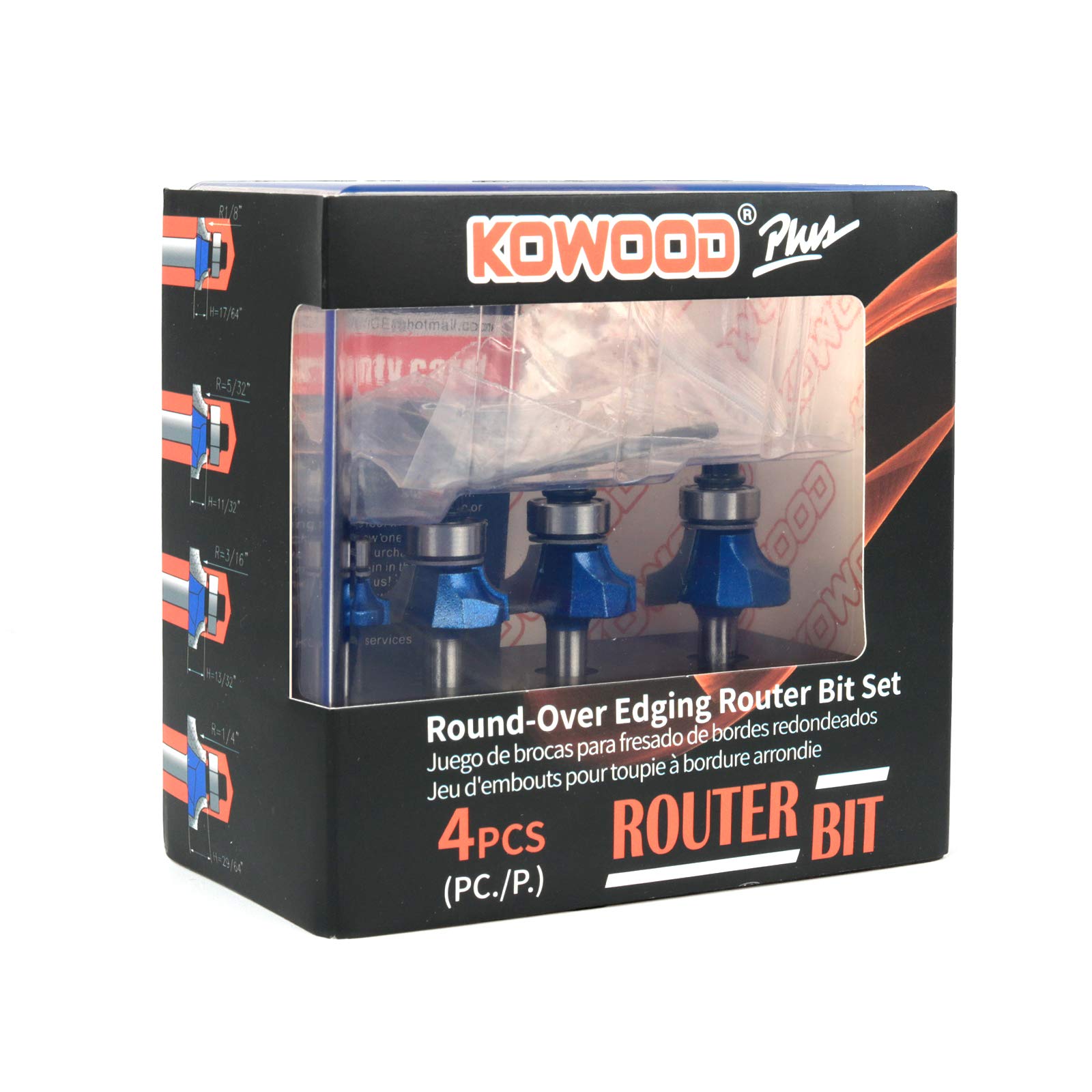 KOWOOD Plus Round-Over Router Bit Set, 1/4 Inch Shank, Radius in 1/8”, 5/32”, 3/16”, 1/4”. with Updated Kowood C3 Carbide. Great for Round Edges, Ideal for Table, Drawer or Cabinet Edges