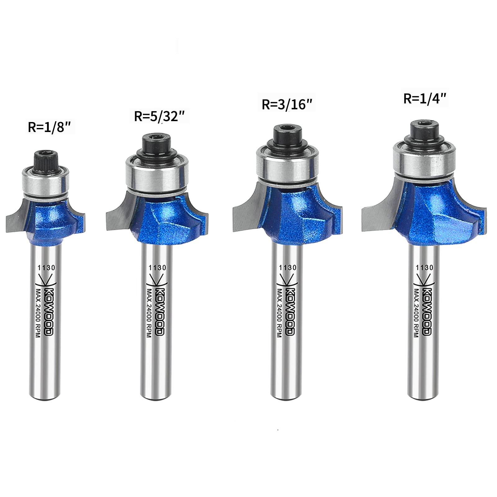 KOWOOD Plus Round-Over Router Bit Set, 1/4 Inch Shank, Radius in 1/8”, 5/32”, 3/16”, 1/4”. with Updated Kowood C3 Carbide. Great for Round Edges, Ideal for Table, Drawer or Cabinet Edges