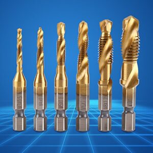 6 Piece Metric Thread Drill Tap Bits Set, Drill Bit Sharpeners, M3 to M10 Coated Hss Drill and Tap for Drilling Tapping Countersinking