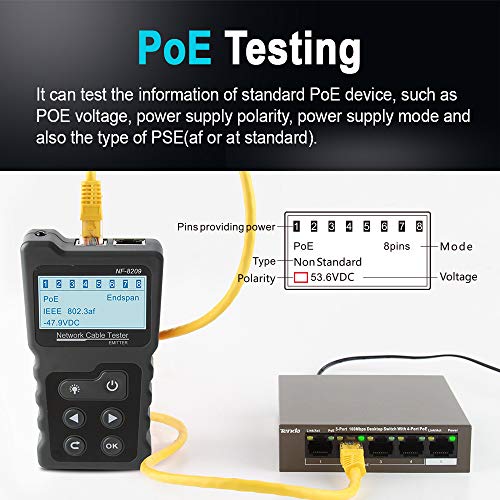 Network Cable Tester RockyMars NF8209, Wire Tracker with PoE Testing, Port Flash, Cable scan, Length Measurement, and Continuity Testing Function for CAT5e/CAT6/CAT6a, LCD Display