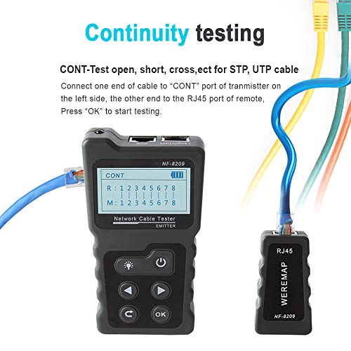 Network Cable Tester RockyMars NF8209, Wire Tracker with PoE Testing, Port Flash, Cable scan, Length Measurement, and Continuity Testing Function for CAT5e/CAT6/CAT6a, LCD Display