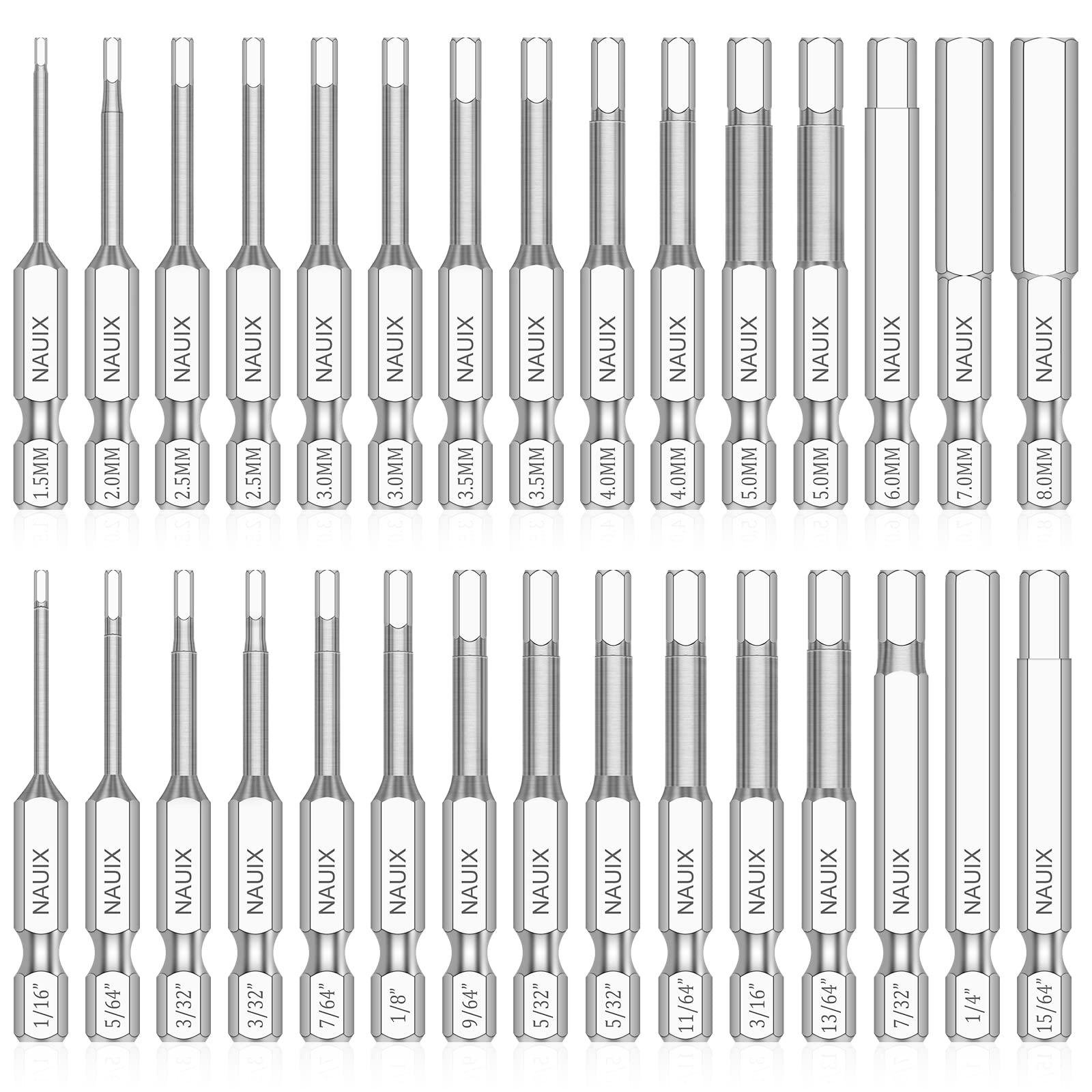 30 Piece Hex Head Allen Wrench Drill Bit Set, 1/4 Inch Hex Shank Metric and SAE S2 Steel Hex Bit Set, Magnetic Tips 50mm Long (SAE+METRIC HEX BITS)