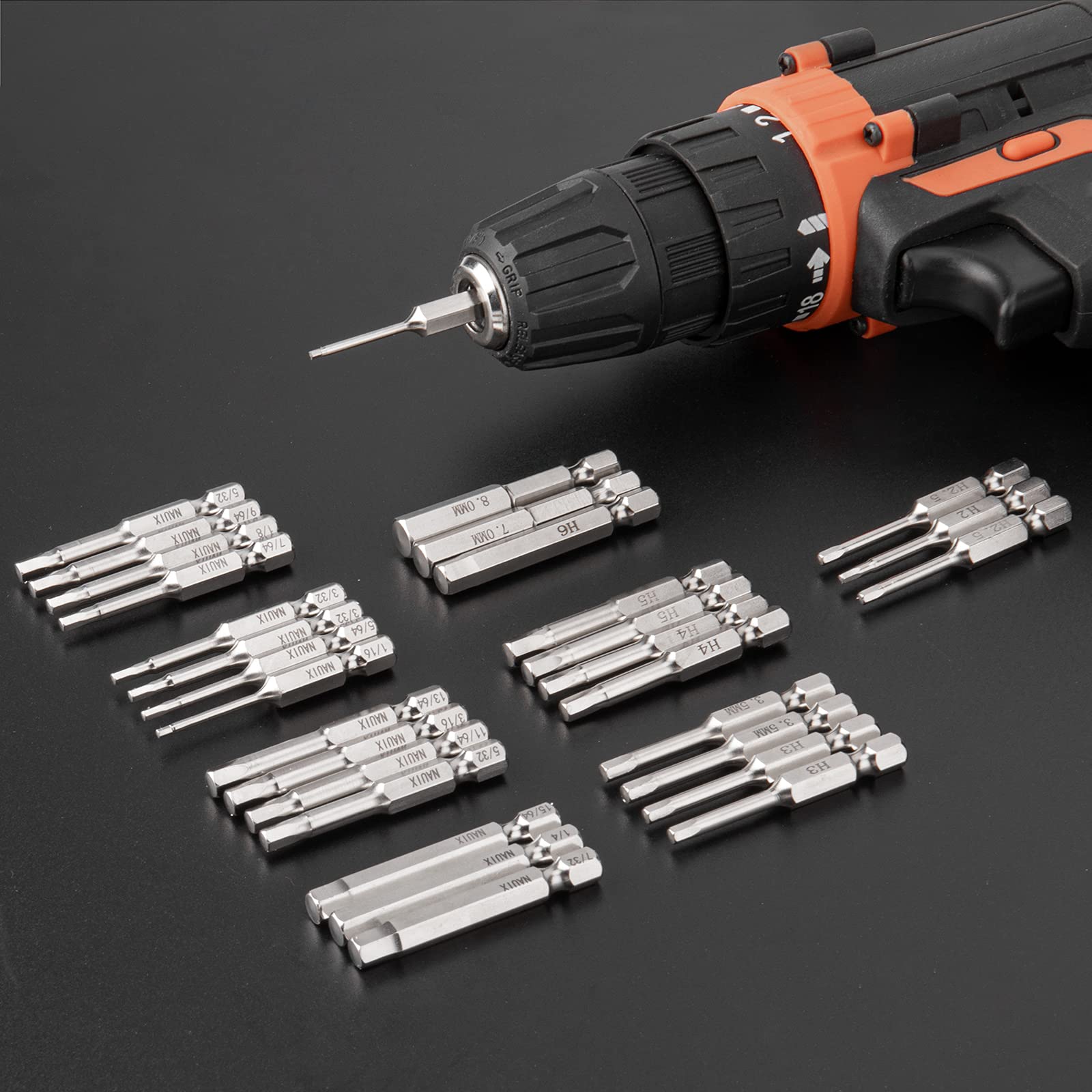 30 Piece Hex Head Allen Wrench Drill Bit Set, 1/4 Inch Hex Shank Metric and SAE S2 Steel Hex Bit Set, Magnetic Tips 50mm Long (SAE+METRIC HEX BITS)