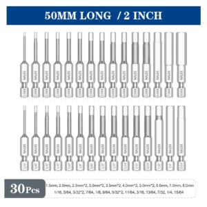 30 Piece Hex Head Allen Wrench Drill Bit Set, 1/4 Inch Hex Shank Metric and SAE S2 Steel Hex Bit Set, Magnetic Tips 50mm Long (SAE+METRIC HEX BITS)