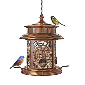 arched lattice solar powered led bird feeder for yard outside outdoor garden decoration hanging birdfeeder - antique copper