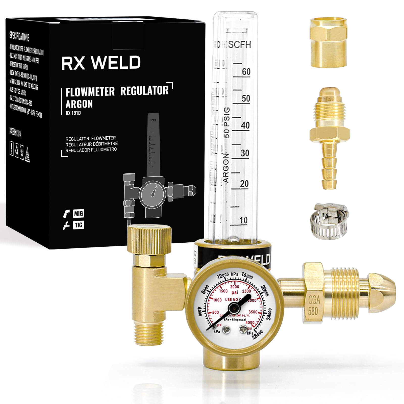 RX WELD Argon/CO2 Regulator, Mig Tig Flow Meter Gas Regulator Gauge Welding Weld