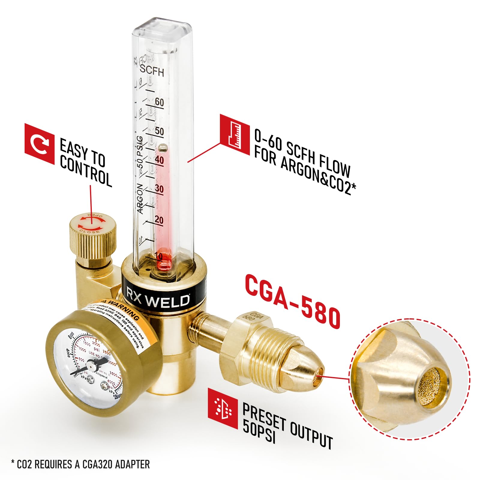 RX WELD Argon/CO2 Regulator, Mig Tig Flow Meter Gas Regulator Gauge Welding Weld