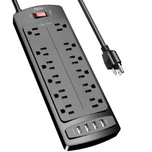 power strip, alestor surge protector with 12 outlets and 4 usb ports, 6 feet extension cord (1875w/15a), 2700 joules, etl listed, black