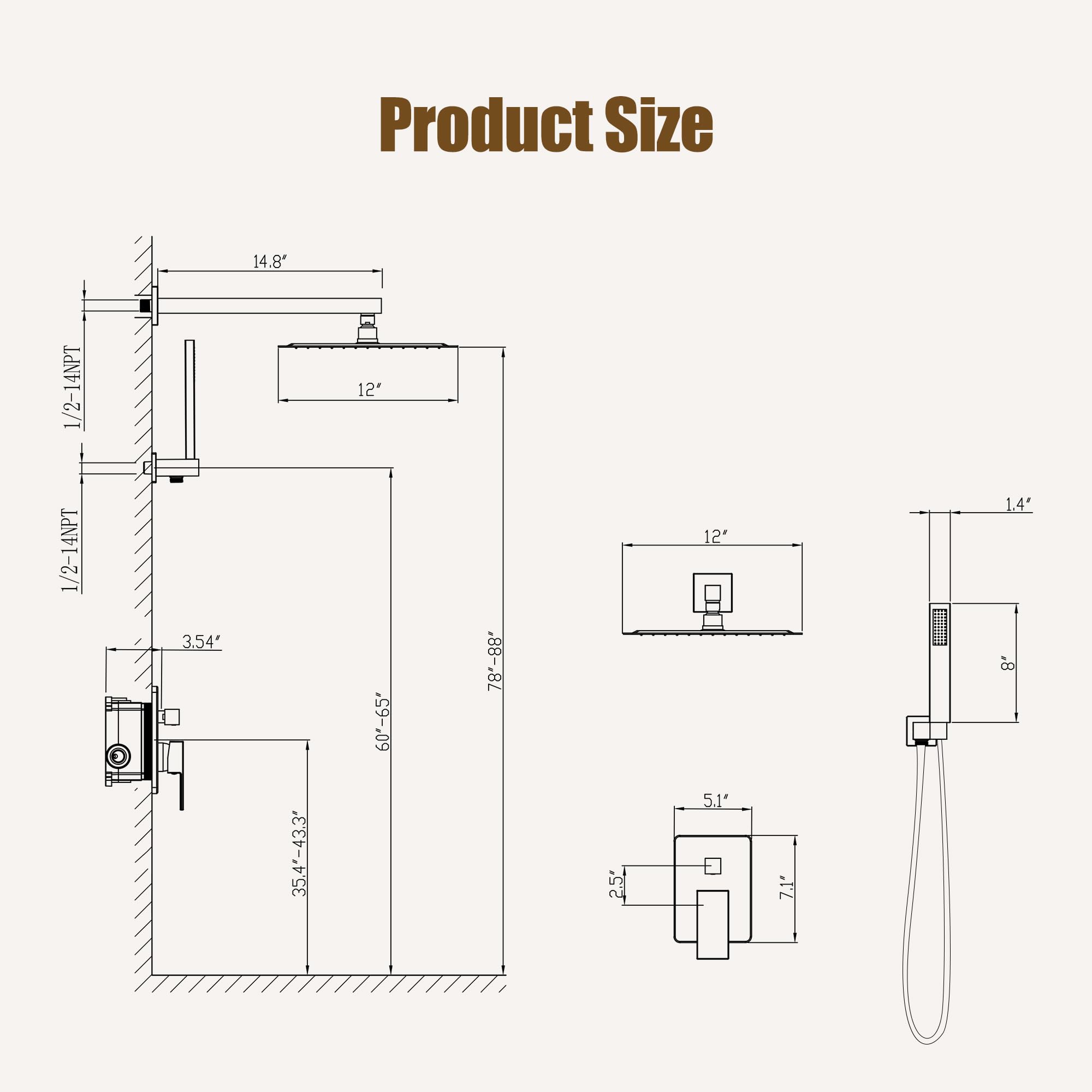 ESNBIA Shower System, Bathroom 12 Inches Rain Shower Head with Handheld Combo Set, Wall Mounted High Pressure Rainfall Dual Shower Head System, Shower Faucet Set with Valve and trim, Brushed Gold