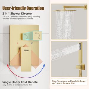 ESNBIA Shower System, Bathroom 12 Inches Rain Shower Head with Handheld Combo Set, Wall Mounted High Pressure Rainfall Dual Shower Head System, Shower Faucet Set with Valve and trim, Brushed Gold