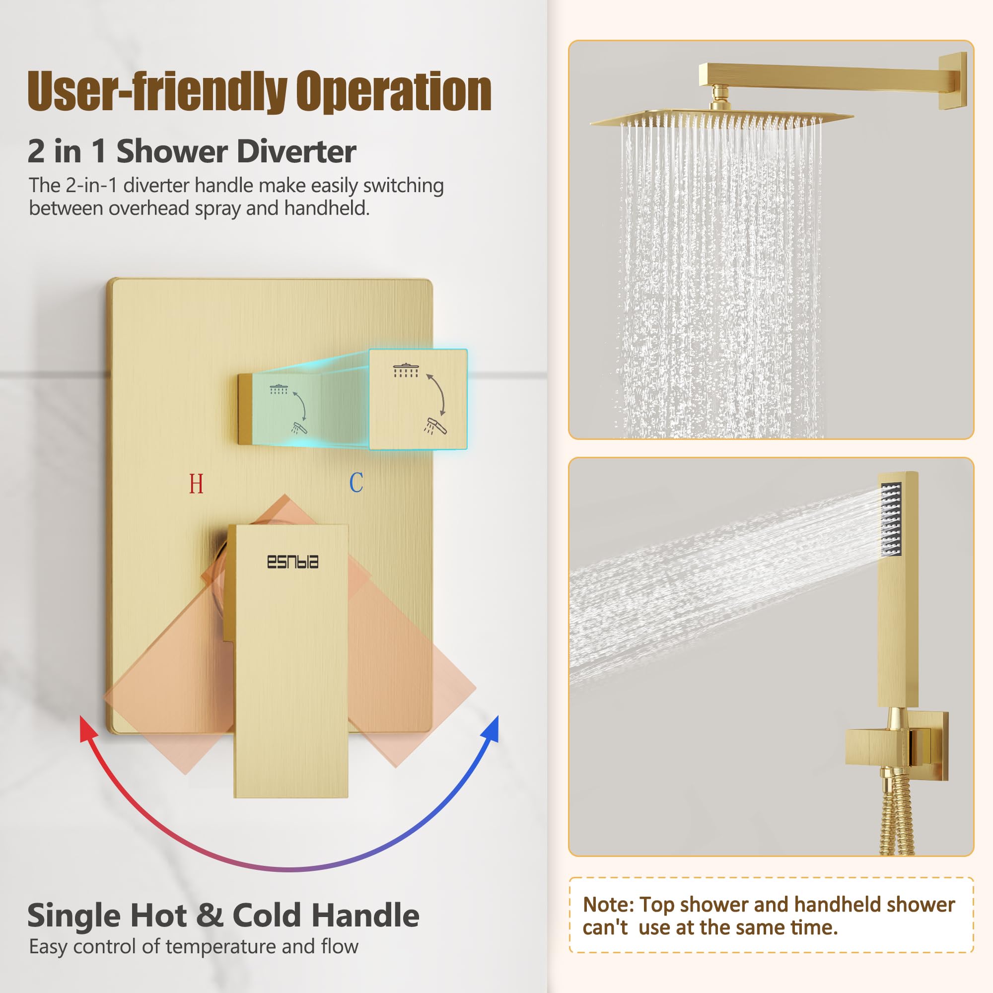 ESNBIA Shower System, Bathroom 12 Inches Rain Shower Head with Handheld Combo Set, Wall Mounted High Pressure Rainfall Dual Shower Head System, Shower Faucet Set with Valve and trim, Brushed Gold