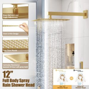 ESNBIA Shower System, Bathroom 12 Inches Rain Shower Head with Handheld Combo Set, Wall Mounted High Pressure Rainfall Dual Shower Head System, Shower Faucet Set with Valve and trim, Brushed Gold