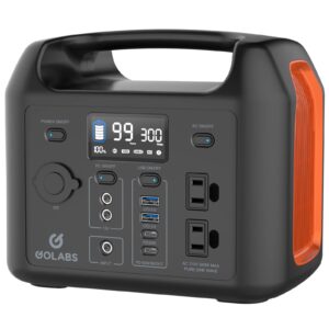 golabs r300 portable power station, 299wh lifepo4 battery backup with 300w pure sine wave ac peak 500w, car outlets, pd 60w quick in/out solar generator for outdoor camping emergency cpap orange