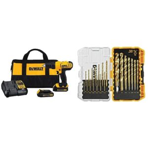 dewalt 20v max cordless drill/driver kit (dcd771c2) and 21-piece titanium nitride drill bit set