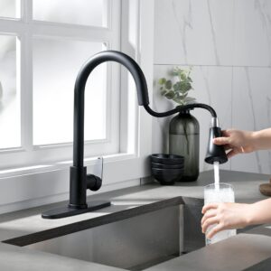 Rainovo Kitchen Faucet with Pull Down Sprayer Matte Black, 3 Hole Kitchen Sink Faucet Stainless Steel Single Handle, High Arc Faucets with Deck Plate Commercial Modern with Pull Out Sprayer