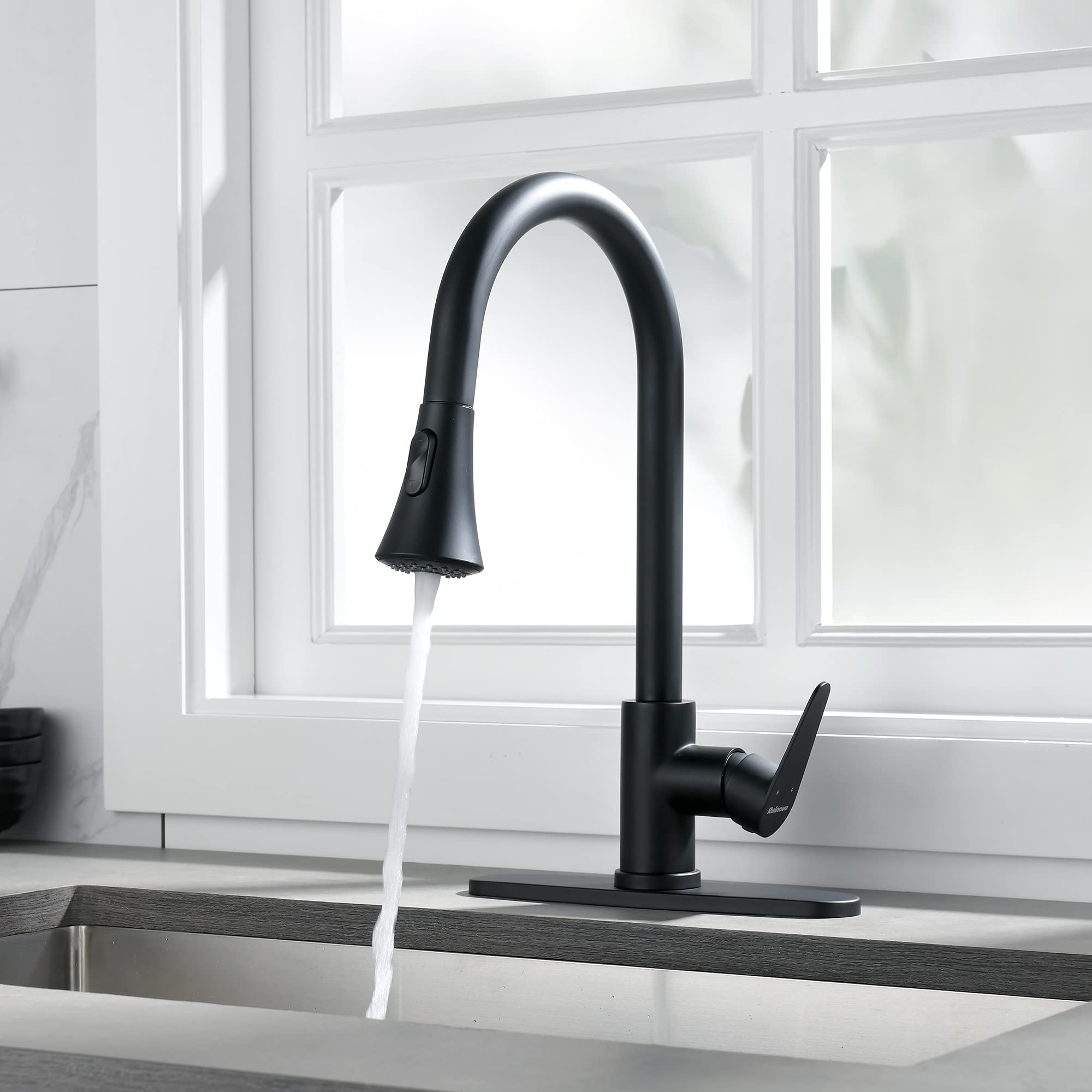 Rainovo Kitchen Faucet with Pull Down Sprayer Matte Black, 3 Hole Kitchen Sink Faucet Stainless Steel Single Handle, High Arc Faucets with Deck Plate Commercial Modern with Pull Out Sprayer