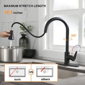 Rainovo Kitchen Faucet with Pull Down Sprayer Matte Black, 3 Hole Kitchen Sink Faucet Stainless Steel Single Handle, High Arc Faucets with Deck Plate Commercial Modern with Pull Out Sprayer