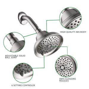 Rainovo 6 Spray Settings High Pressure Shower Head 5" Rain Fixed Showerhead - Brushed Nickel Adjustable Shower Head with Anti-Clogging Nozzles, Low Flow Easily Installation (RN-AU055003BN)