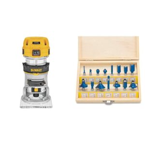 dewalt router, fixed base, variable speed, 1-1/4-hp max torque (dwp611) & hiltex® 10100 tungsten carbide router bits | 15-piece set