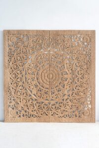 wall geometric art carved wood, handcrafted wooden contemporary plaque on wall, natural teak finish, 48 inches