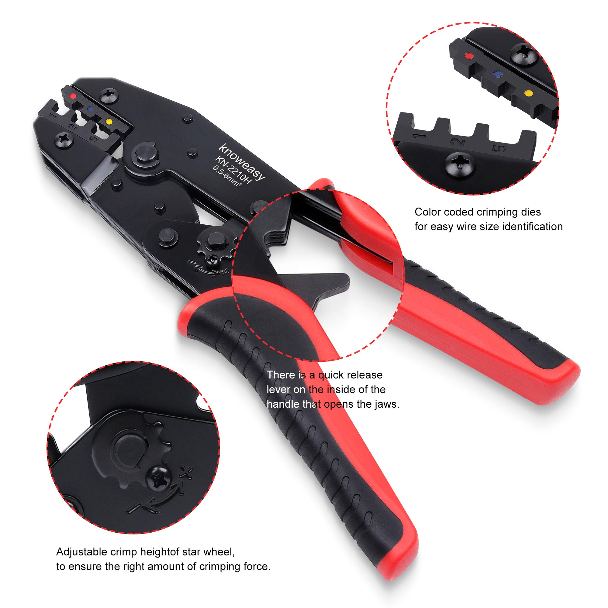 Knoweasy Ratcheting Crimping Tool for Heat Shrink, Insulated Nylon and Electrical Wire Connectors - AWG 22-10/0.5-6mm² Terminal Crimper with Crimping Pliers