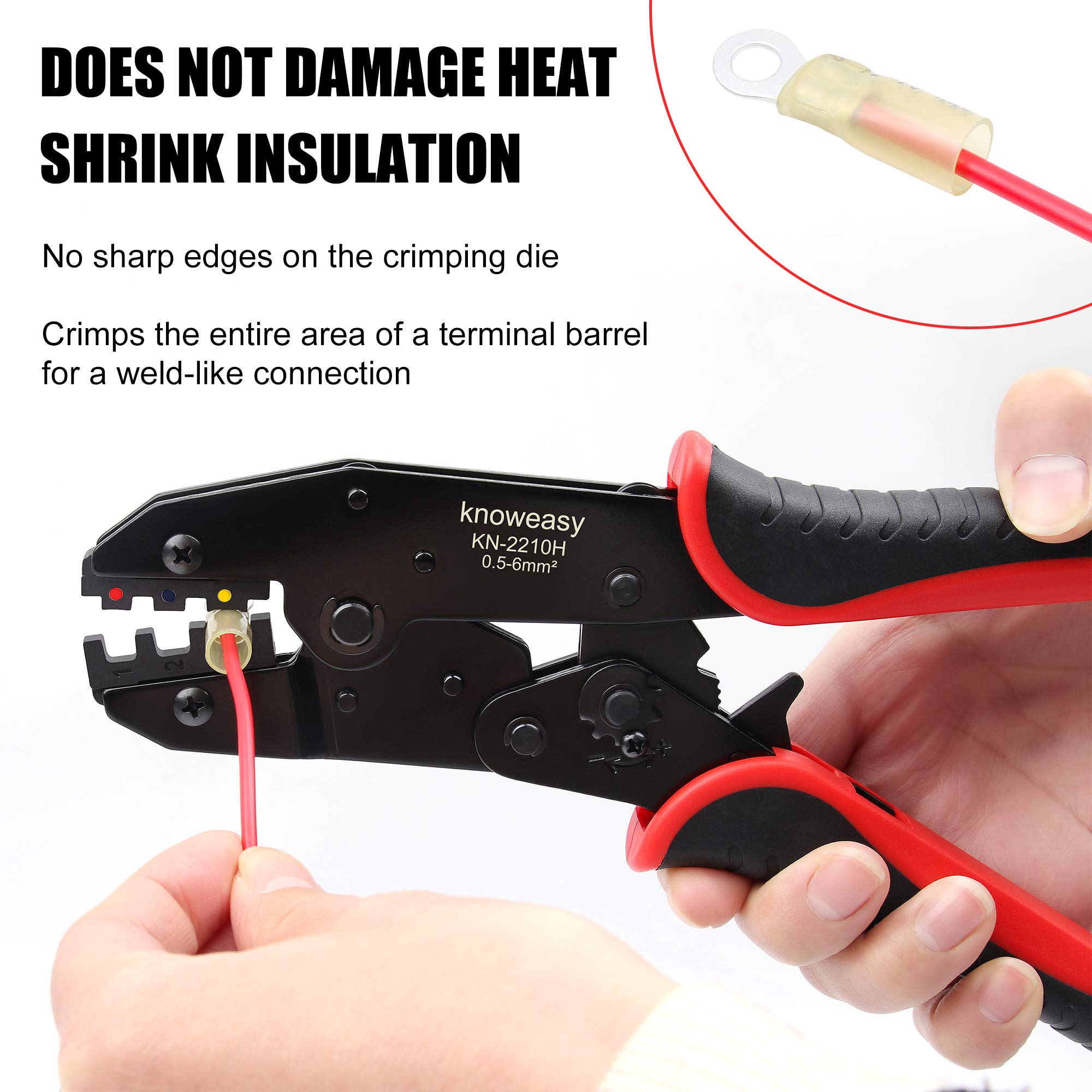 Knoweasy Ratcheting Crimping Tool for Heat Shrink, Insulated Nylon and Electrical Wire Connectors - AWG 22-10/0.5-6mm² Terminal Crimper with Crimping Pliers