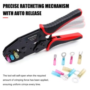 Knoweasy Ratcheting Crimping Tool for Heat Shrink, Insulated Nylon and Electrical Wire Connectors - AWG 22-10/0.5-6mm² Terminal Crimper with Crimping Pliers