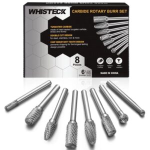 whisteck carbide burr set, 8pcs double cut tungsten carbide rotary burr set, 1/4 inch shank die grinder bits, carbide rotary file for metal wood carving, engraving, polishing,drilling