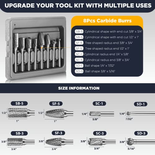 WHISTECK Carbide Burr Set, 8Pcs Double Cut Tungsten Carbide Rotary Burr set, 1/4 inch Shank Die Grinder Bits, Carbide Rotary File for Metal Wood Carving, Engraving, Polishing,Drilling