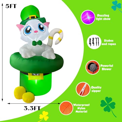 SEASONBLOW 5 Ft LED Inflatable St. Patrick's Day Cat in Hat Decoration with Gold Coin for Home Yard Lawn Garden Indoor Outdoor Holiday Party