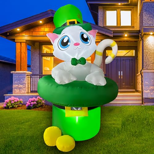 SEASONBLOW 5 Ft LED Inflatable St. Patrick's Day Cat in Hat Decoration with Gold Coin for Home Yard Lawn Garden Indoor Outdoor Holiday Party