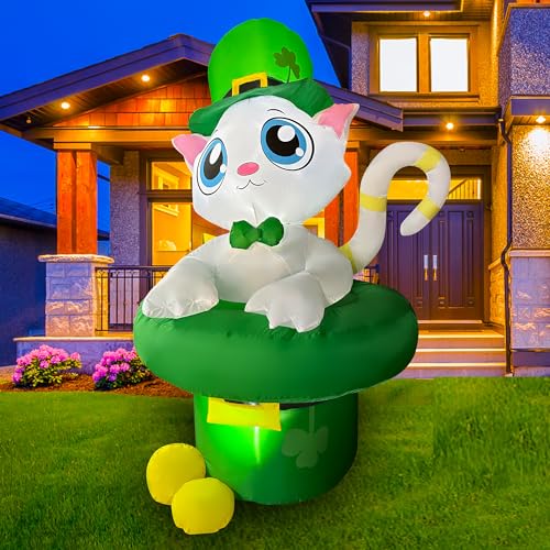 SEASONBLOW 5 Ft LED Inflatable St. Patrick's Day Cat in Hat Decoration with Gold Coin for Home Yard Lawn Garden Indoor Outdoor Holiday Party