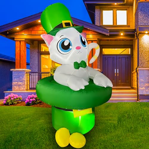 SEASONBLOW 5 Ft LED Inflatable St. Patrick's Day Cat in Hat Decoration with Gold Coin for Home Yard Lawn Garden Indoor Outdoor Holiday Party