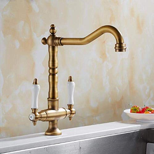 Y-LKUN 360 Degree Swivel Solid Brass Antique Bathroom Mixer Cold and Hot Kitchen Tap Single Hole Water Tap Kitchen Faucet