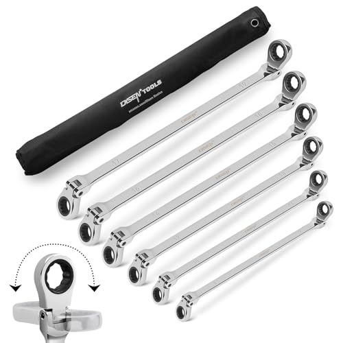 DISEN Extra Long Flex Head Ratcheting Wrench set, 6Pcs Double Box End Long Reach Ratchet Wrench Set Metric 8-19mm, CRV Steel, with Pouch, Gifts for Father, Man