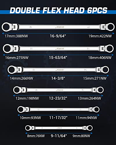 DISEN Extra Long Flex Head Ratcheting Wrench set, 6Pcs Double Box End Long Reach Ratchet Wrench Set Metric 8-19mm, CRV Steel, with Pouch, Gifts for Father, Man