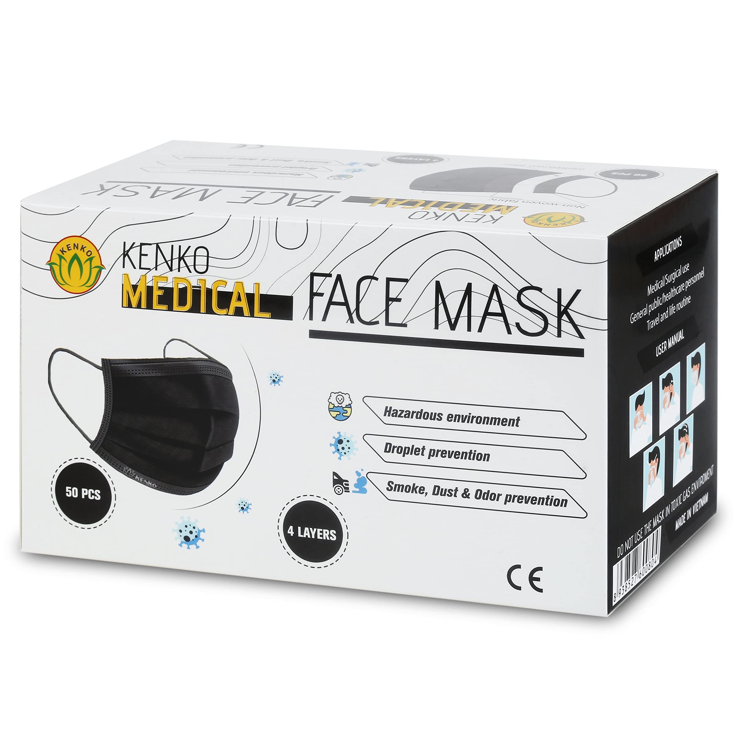 Kenko 4-ply MEDICAL Face Masks, Level 2 ASTM F2100-19 passed include Melt-blown layers, Breathable & Comfortable Filter Safety Mask Protection Mask for Dust Air Pollution (50, MEDICAL Black)