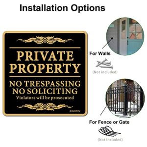 ZHGSERVU No Trespassing Signs Private Property No Soliciting Warning Sign 12” x 12” Heavy 0.40 Aluminum Rust Free Safety Sign Protect Your Property Weatherproof Black/Gold