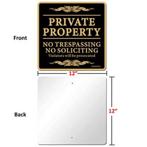 ZHGSERVU No Trespassing Signs Private Property No Soliciting Warning Sign 12” x 12” Heavy 0.40 Aluminum Rust Free Safety Sign Protect Your Property Weatherproof Black/Gold