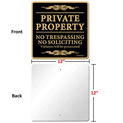 ZHGSERVU No Trespassing Signs Private Property No Soliciting Warning Sign 12” x 12” Heavy 0.40 Aluminum Rust Free Safety Sign Protect Your Property Weatherproof Black/Gold