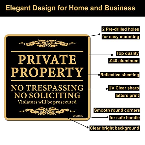 ZHGSERVU No Trespassing Signs Private Property No Soliciting Warning Sign 12” x 12” Heavy 0.40 Aluminum Rust Free Safety Sign Protect Your Property Weatherproof Black/Gold