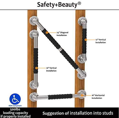 AmeriLuck Decorative Bathroom Grab Bar with Anti-Slip Rubber Grip, 1-1/4 x 24in, ADA Compliant, 500lbs Weight Support, Stainless Steel, Brushed Nickel