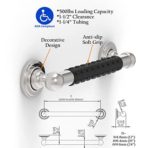 AmeriLuck Decorative Bathroom Grab Bar with Anti-Slip Rubber Grip, 1-1/4 x 24in, ADA Compliant, 500lbs Weight Support, Stainless Steel, Brushed Nickel