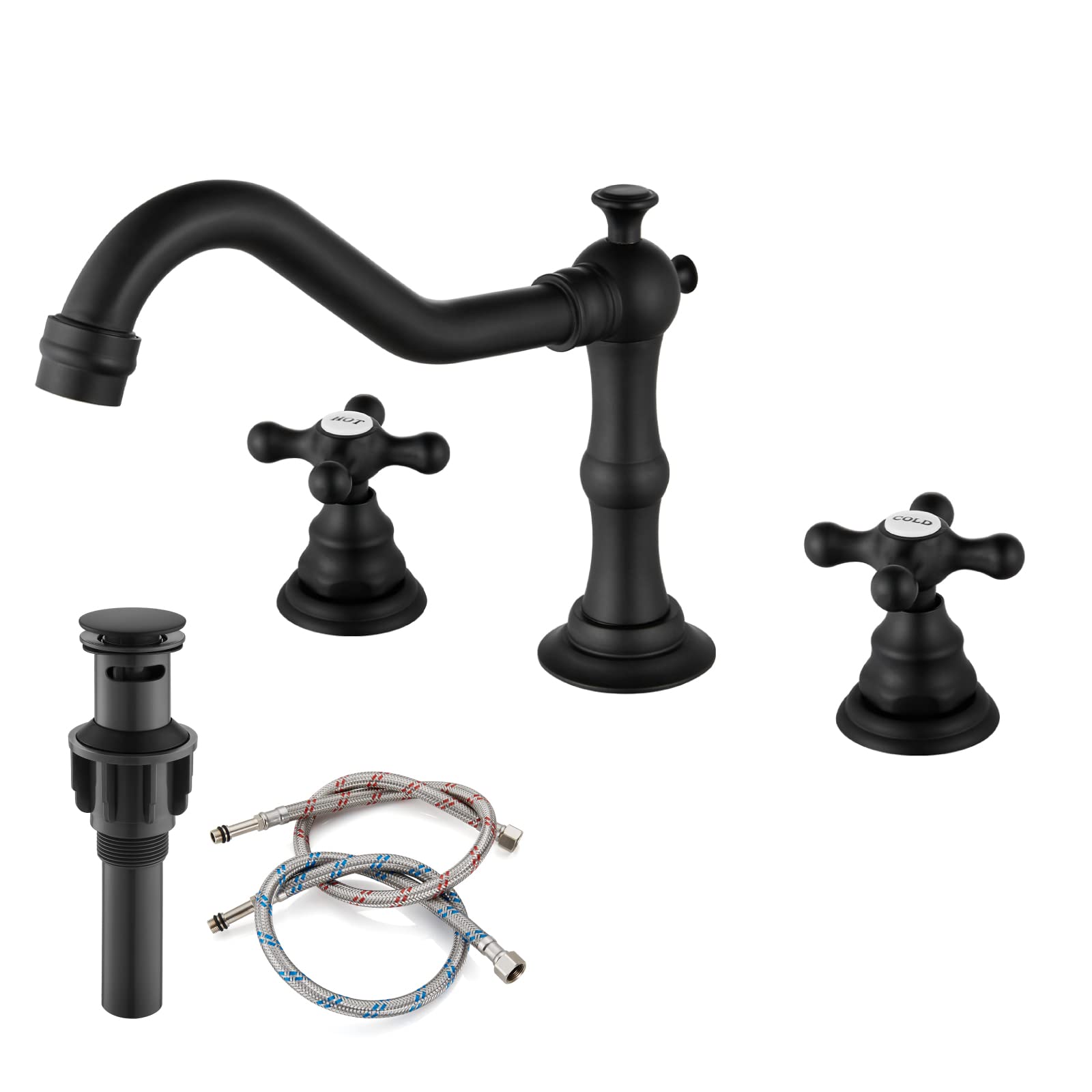 gotonovo 3 Hole Matte Black Bathroom Sink Widespread Faucet Mixing Tap Deck Mount Double Handle Cross Knobs Faucet with Pop Up Drain