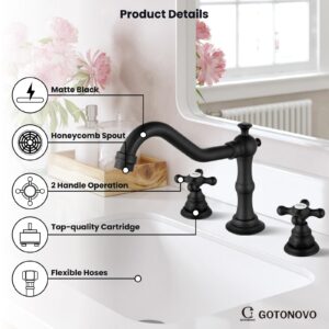 gotonovo 3 Hole Matte Black Bathroom Sink Widespread Faucet Mixing Tap Deck Mount Double Handle Cross Knobs Faucet with Pop Up Drain