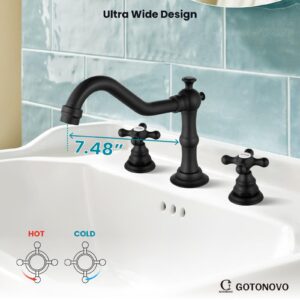 gotonovo 3 Hole Matte Black Bathroom Sink Widespread Faucet Mixing Tap Deck Mount Double Handle Cross Knobs Faucet with Pop Up Drain