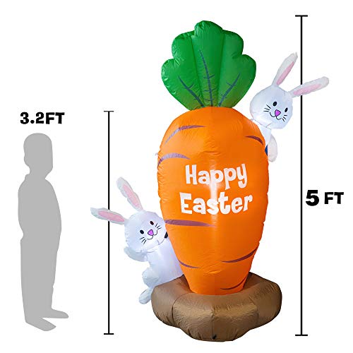 FUNPENY 5 Feet Inflatable Easter Day Decoration, Blow Up Carrot with 2 Little Cute Rabbits Lighted Decor for Indoor Outdoor Lawn Yard