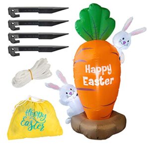 FUNPENY 5 Feet Inflatable Easter Day Decoration, Blow Up Carrot with 2 Little Cute Rabbits Lighted Decor for Indoor Outdoor Lawn Yard